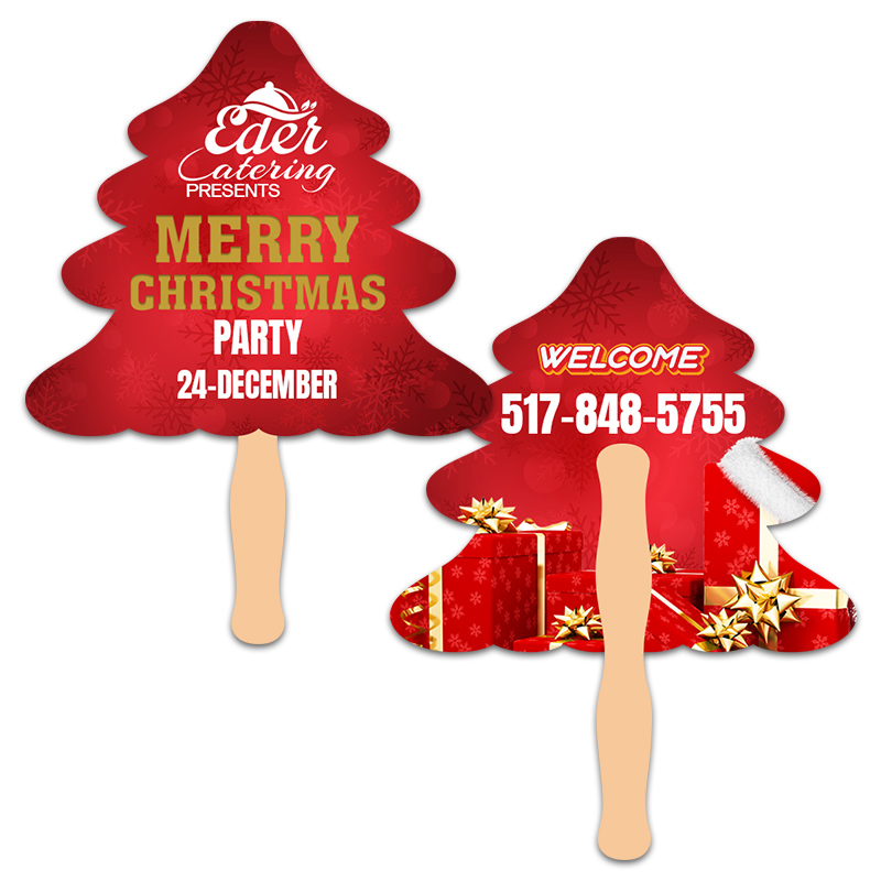 8x8 Inch Evergreen Shape Full Color Double Sided Hand Fans - 16 pt